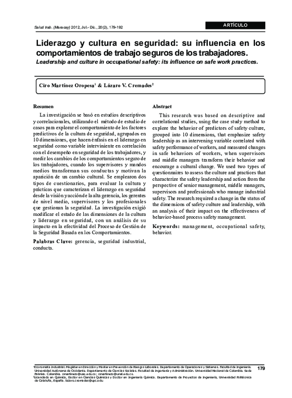 (PDF) Leadership and culture in occupational safety: its influence on ...
