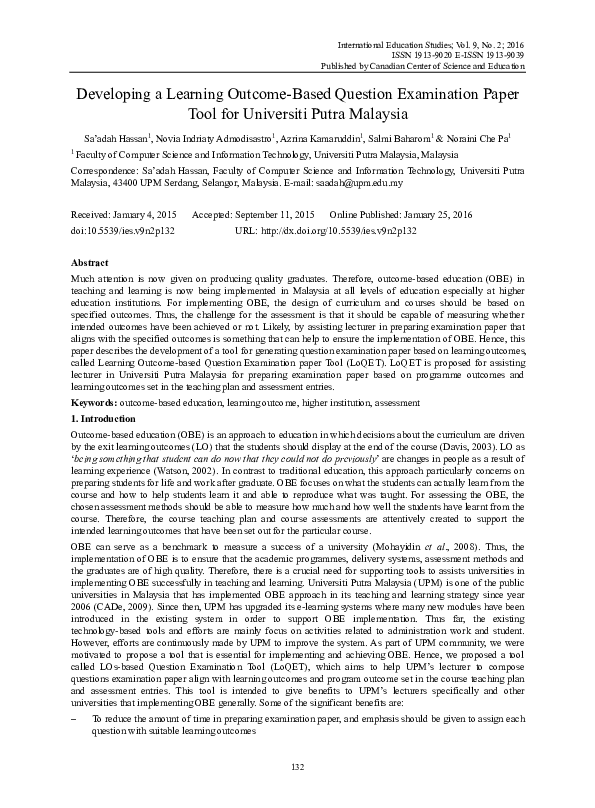 (PDF) Developing a Learning Outcome-Based Question Examination Paper ...