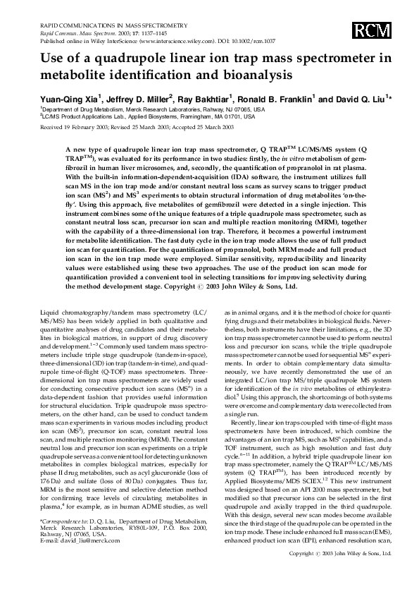 (PDF) Use of a quadrupole linear ion trap mass spectrometer in ...