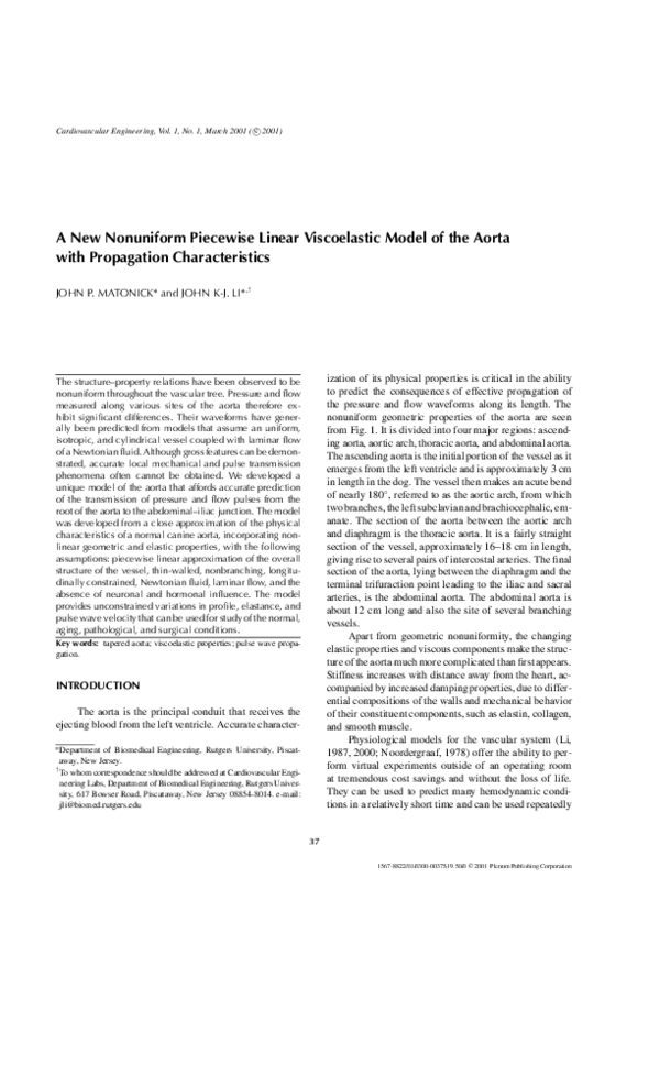 (PDF) A New Nonuniform Piecewise Linear Viscoelastic Model of the Aorta with Propagation ...