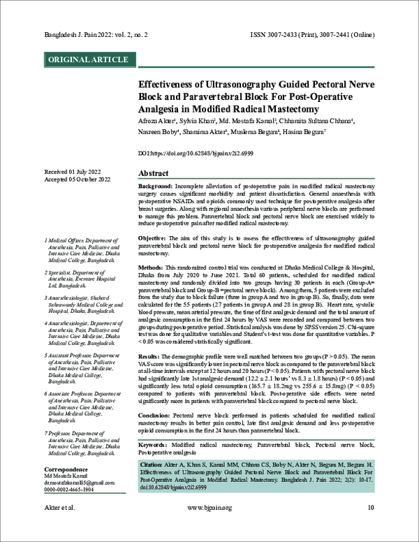 (PDF) Effectiveness of Ultrasonography Guided Pectoral Nerve Block and ...
