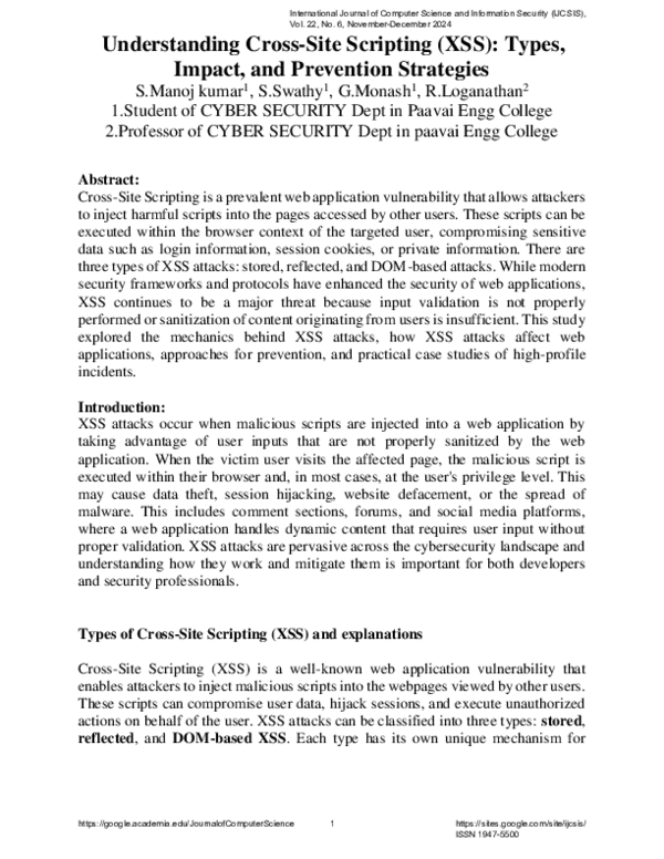 Pdf Understanding Cross Site Scripting Xss Types Impact And