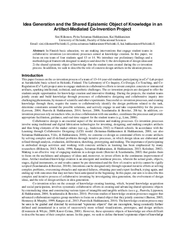 (PDF) Idea Generation and the Shared Epistemic Object of Knowledge in an Artifact-Mediated Co ...