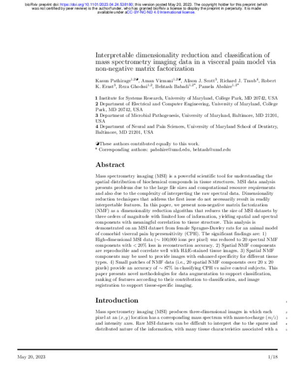 (PDF) Interpretable dimensionality reduction and classification of mass spectrometry imaging ...