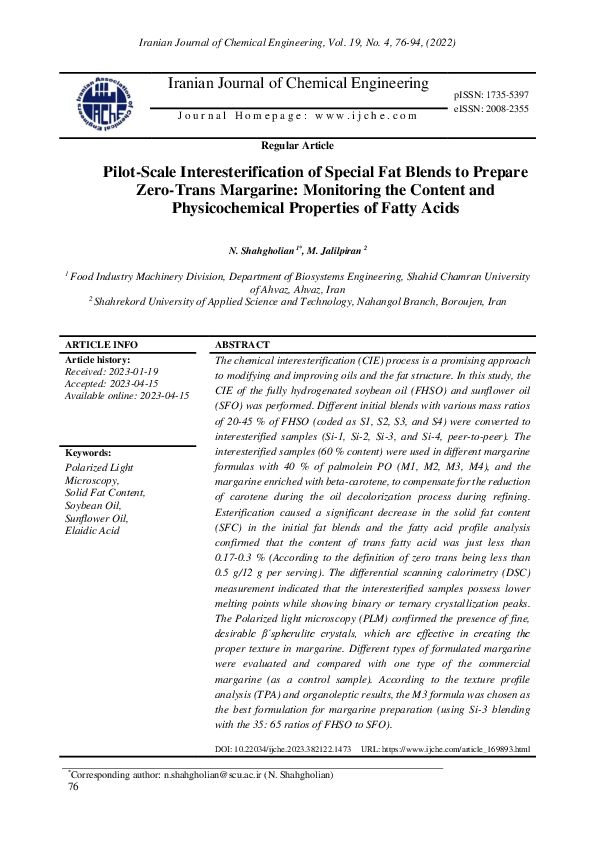 Pilot Plant Scale Interesterification of Special Fat Blends to Prepare ...