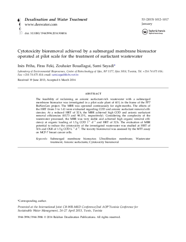 (PDF) Cytotoxicity bioremoval achieved by a submerged membrane ...