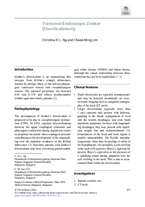 (PDF) Transoral Endoscopic Zenker Diverticulotomy | Chwee Ming Lim ...