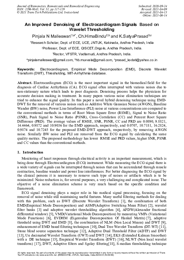 (PDF) PaperAn Improved Denoising of Electrocardiogram Signals Based on Wavelet Thresholding