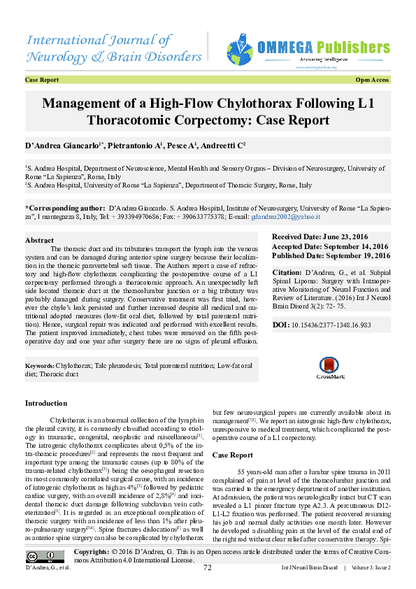 (PDF) Management of a High-Flow Chylothorax Following L1 Thoracotomic ...