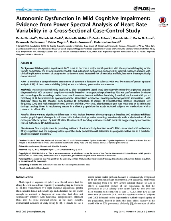 (PDF) Autonomic Dysfunction in Mild Cognitive Impairment: Evidence from ...