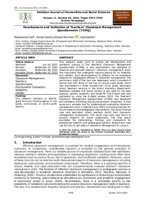 (PDF) Development and Validation of Teachers' Classroom Management ...