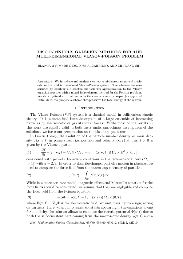 (PDF) Discontinuous Galerkin Methods for the Multi-Dimensional Vlasov–Poisson Problem | José ...