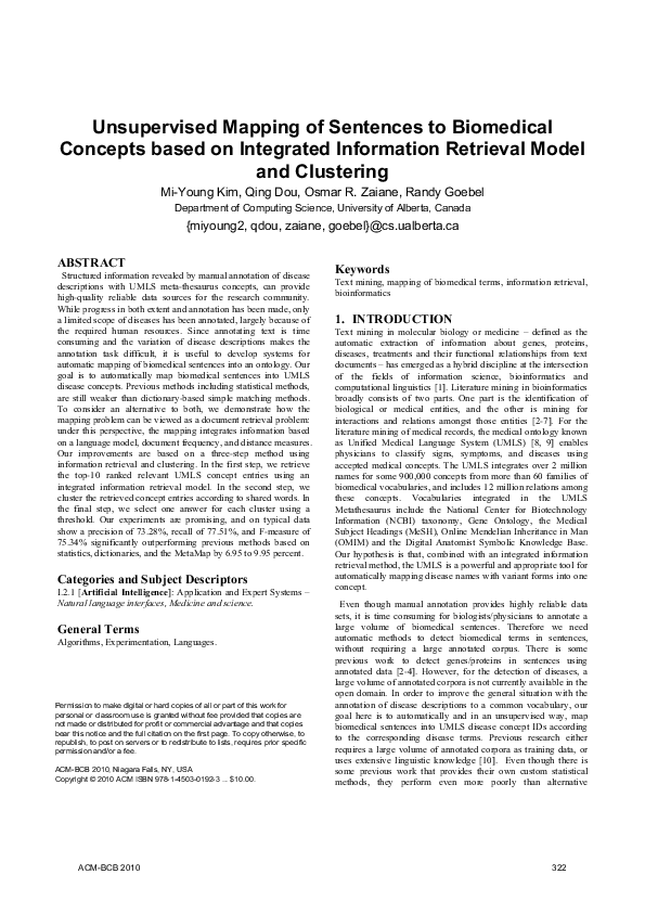 Pdf Unsupervised Mapping Of Sentences To Biomedical Concepts Based On