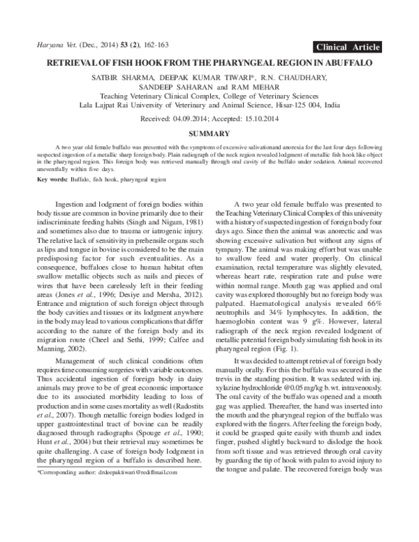 (PDF) Retrieval of fish hook from the pharyngeal region in a buffalo ...