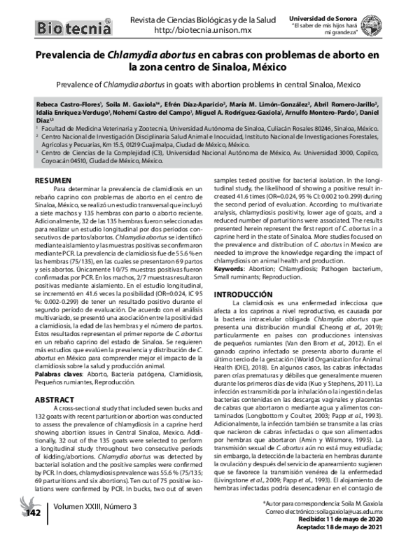 (PDF) Prevalencia de Chlamydia abortus en cabras con problemas de ...
