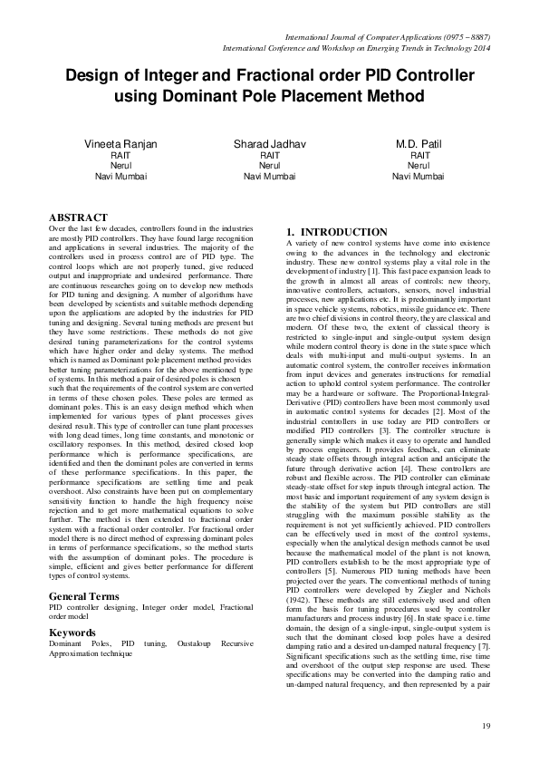 (PDF) Design of Integer and Fractional order PID Controller using Dominant Pole Placement Method