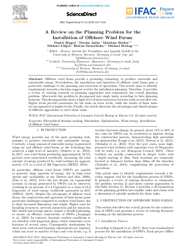 (PDF) A Review on the Planning Problem for the Installation of Offshore ...