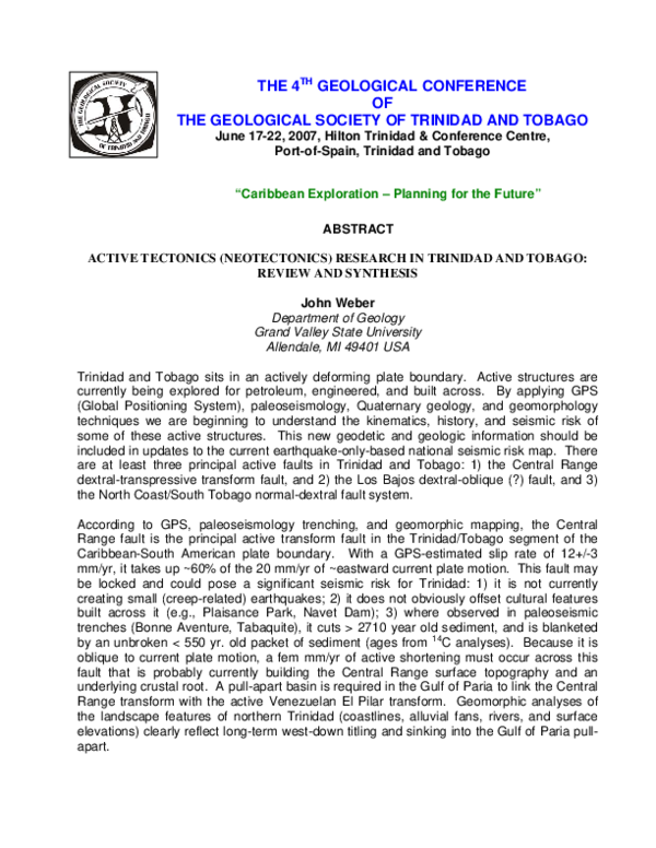 (PDF) Abstract: Active Tectonics (Neotectonics) Research in Trinidad ...