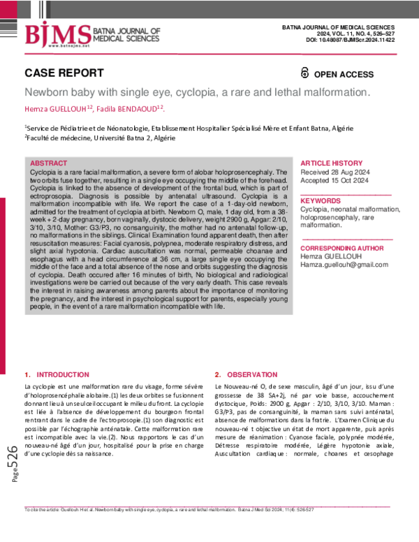(PDF) Newborn baby with single eye, cyclopia, a rare and lethal ...