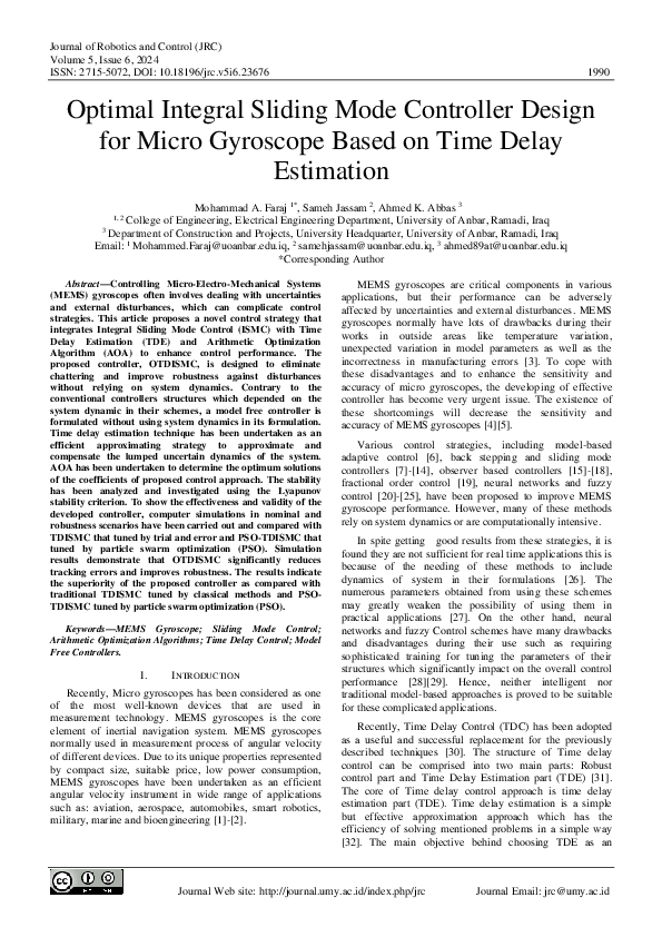 (PDF) Optimal Integral Sliding Mode Controller Design for Micro Gyroscope Based on Time Delay ...