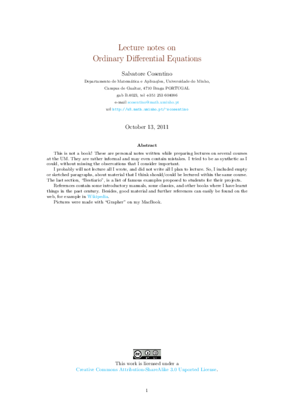 Pdf Lecture Notes On Ordinary Differential Equations