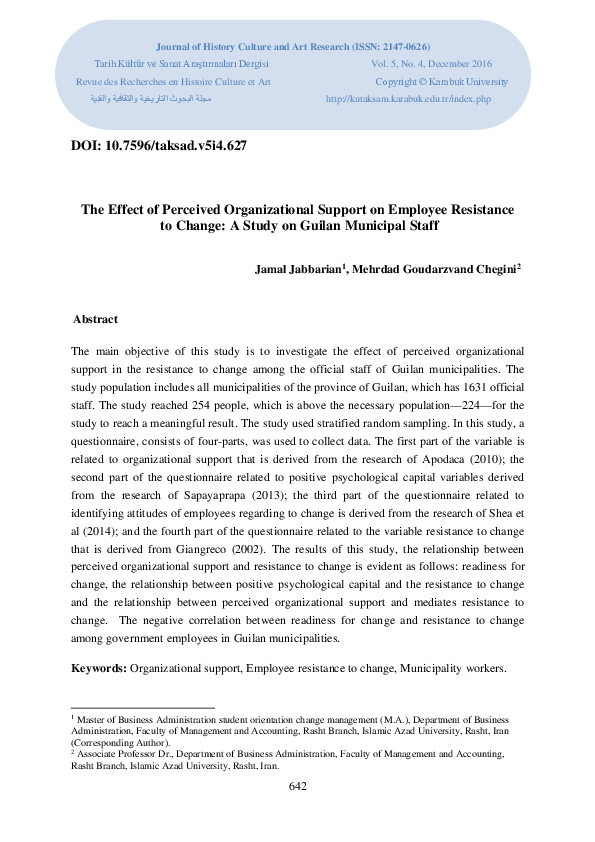 (PDF) The Effect of Perceived Organizational Support on Employee Resistance to Change: A Study ...