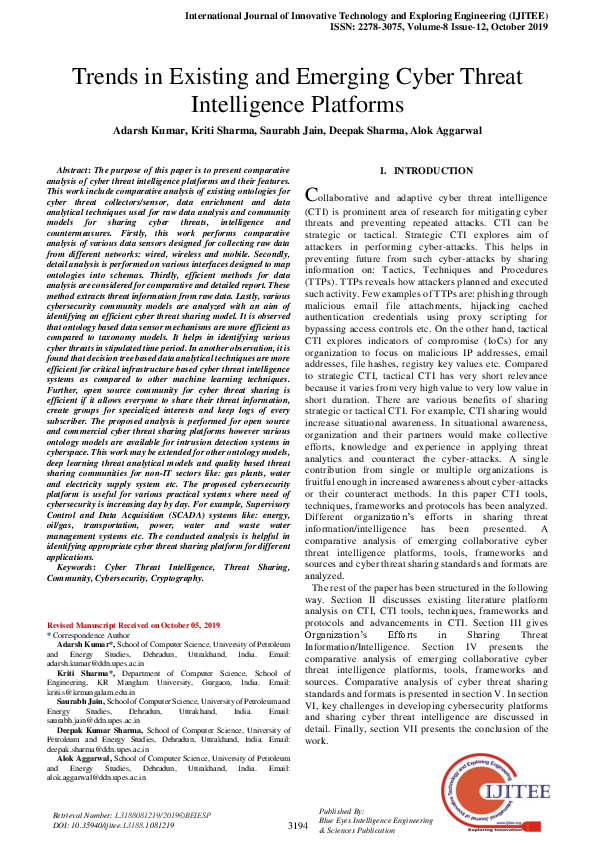 (PDF) Trends in Existing and Emerging Cyber Threat Intelligence Platforms