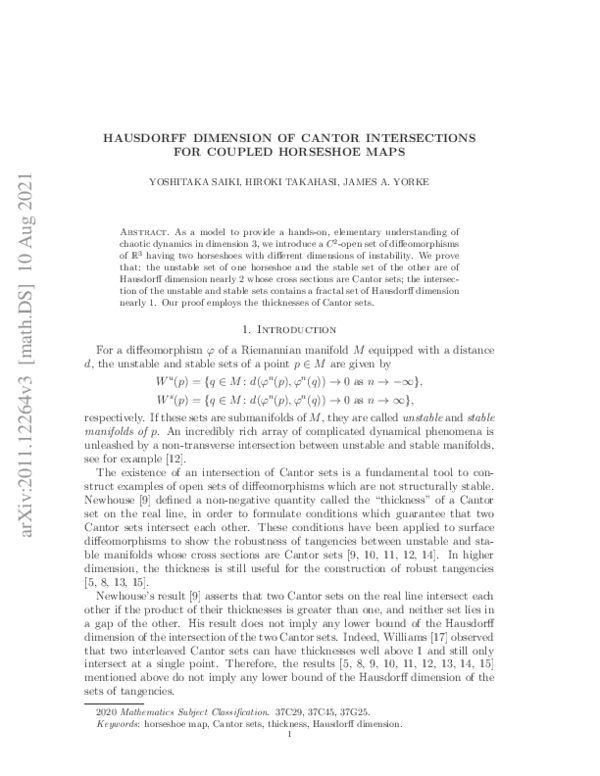 (PDF) Hausdorff dimension of Cantor intersections for coupled horseshoe maps | James Yorke ...