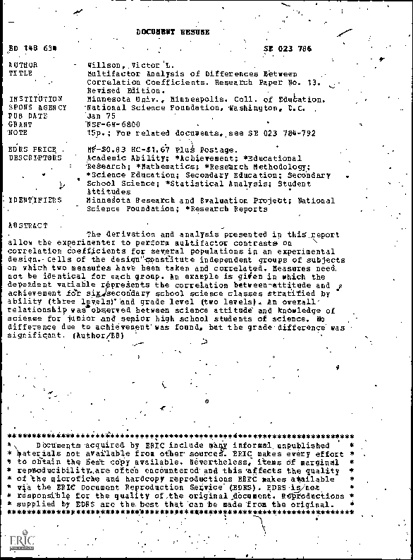Pdf Multifactor Analysis Of Differences Between Correlation Coefficients Research Paper No