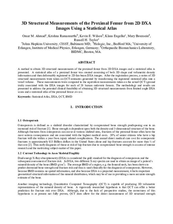 Pdf 3d Structural Measurements Of The Proximal Femur From 2d Dxa Images Using A Statistical Atlas