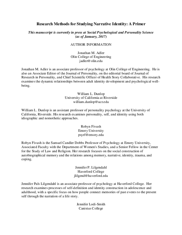 (PDF) Research Methods for Studying Narrative Identity: A Primer