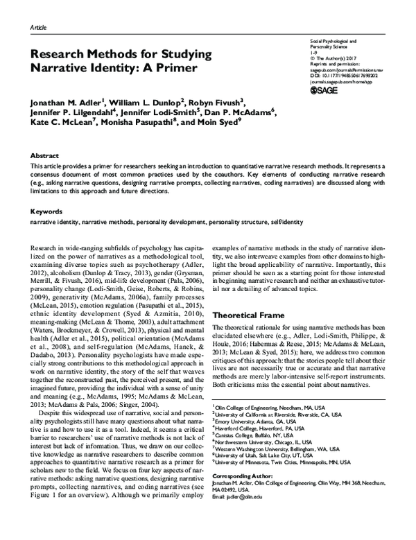 (PDF) Research Methods for Studying Narrative Identity
