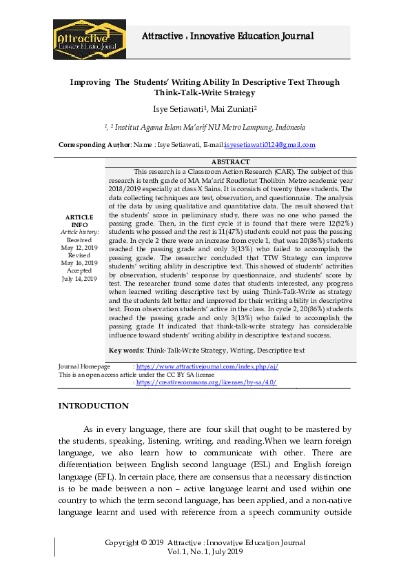 (PDF) Improving The Students’ Writing Ability In Descriptive Text Through Think-Talk-Write Strategy
