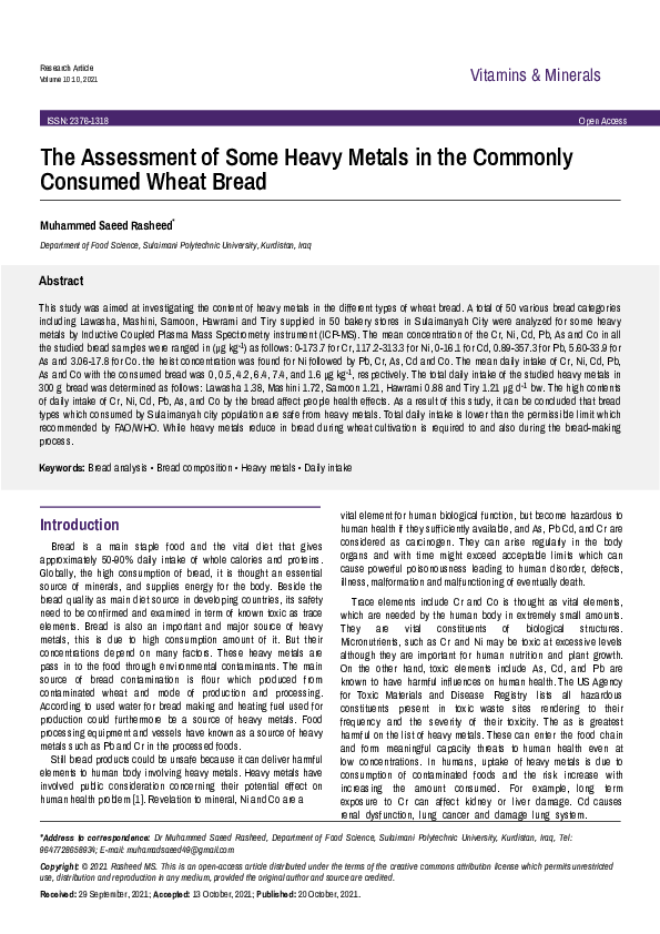 (PDF) The Assessment of Some Heavy Metals in the Commonly Consumed ...