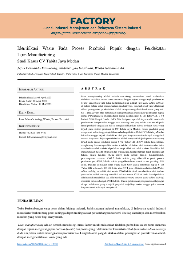 (PDF) Identifikasi Waste Pada Proses Produksi Pupuk dengan Pendekatan Lean Manufacturing | Wirda ...