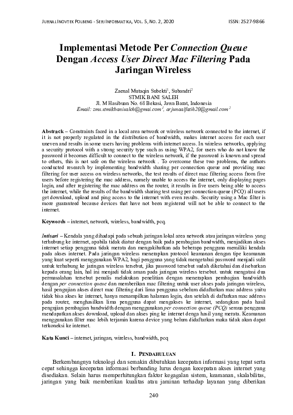 Pdf Implementasi Metode Per Connection Queue Dengan Access User Direct Mac Filtering Pada