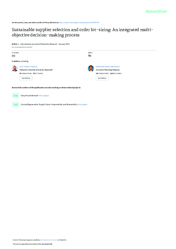 Pdf Sustainable Supplier Selection And Order Lot Sizing An Integrated Multi Objective