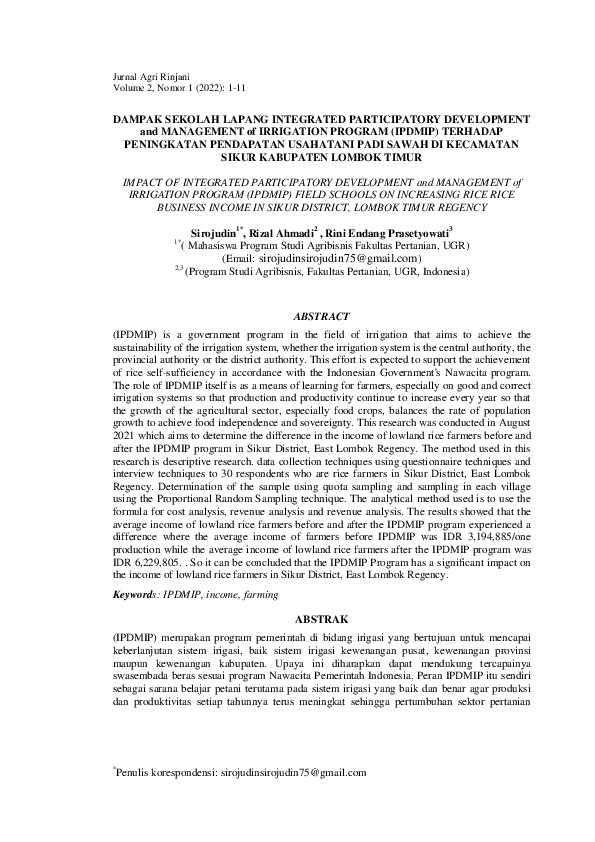 (PDF) Analisis Dampak Sekolah Lapang Integrated Participatory Development and Management of ...