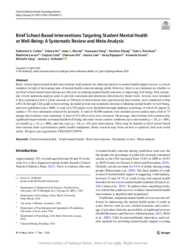 (PDF) Brief School‑Based Interventions Targeting Student Mental Health d