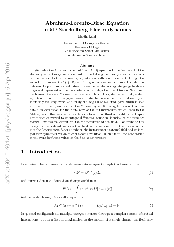 (PDF) Abraham-Lorentz-Dirac Equation in 5D Stuekelberg Electrodynamics ...