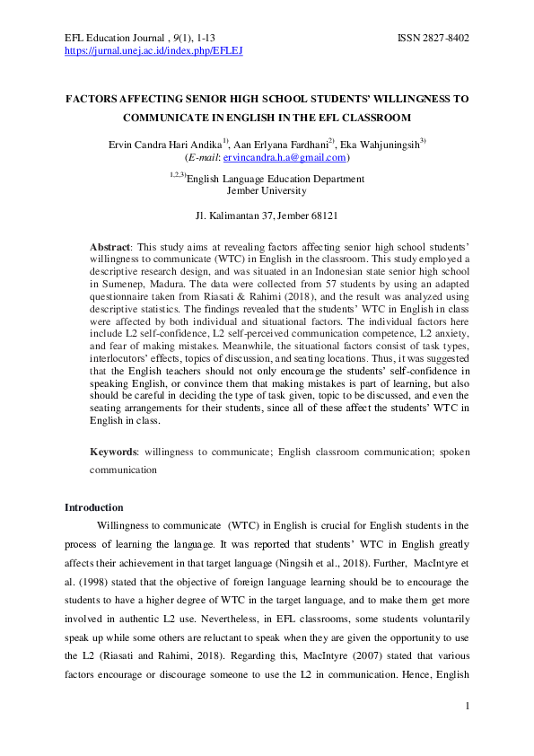 (PDF) Factors Affecting Senior High School Students' Willingness to Communicate in English in ...
