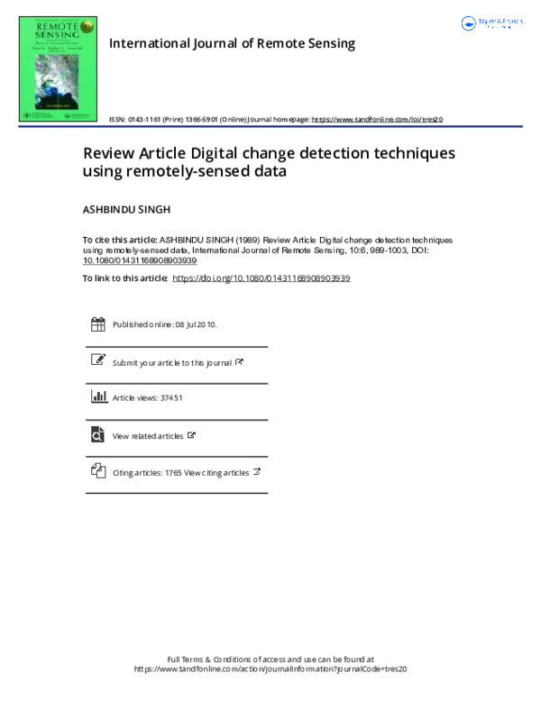 (PDF) Review Article Digital change detection techniques using remotely-sensed data