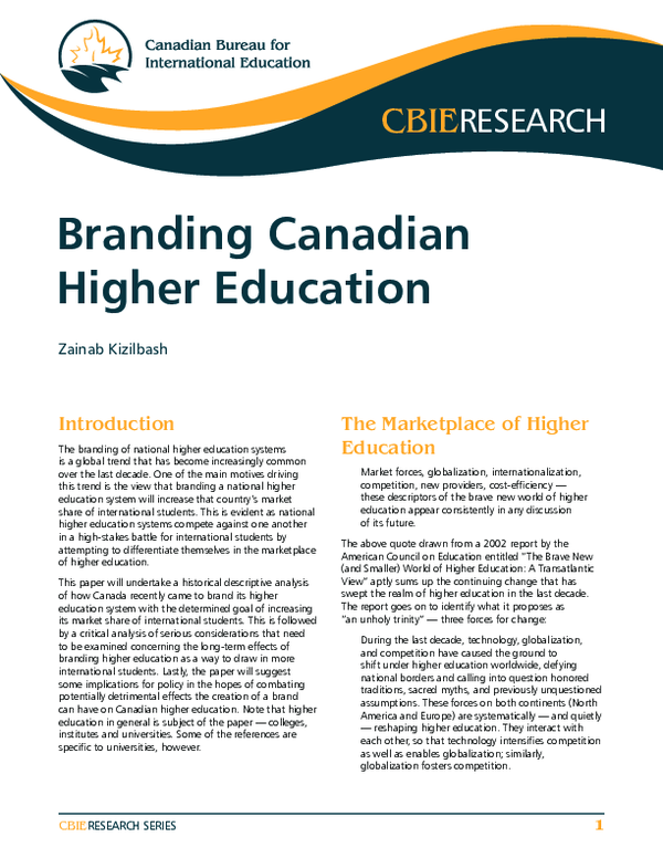 (PDF) Branding Canadian Higher Education. CBIE Research