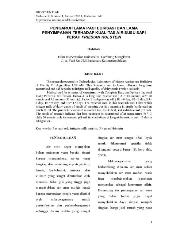 (PDF) Pengaruh Lama Pasteurisasi Dan Lama Penyimpanan Terhadap Kualitas Air Susu Sapi Perah ...