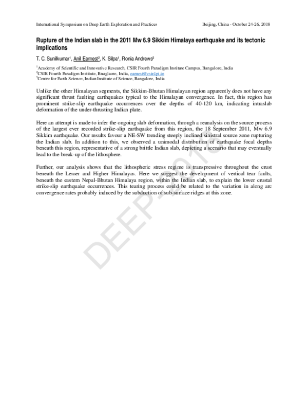 (PDF) Rupture of the Indian Slab in the 2011 Mw 6.9 Sikkim Himalaya ...