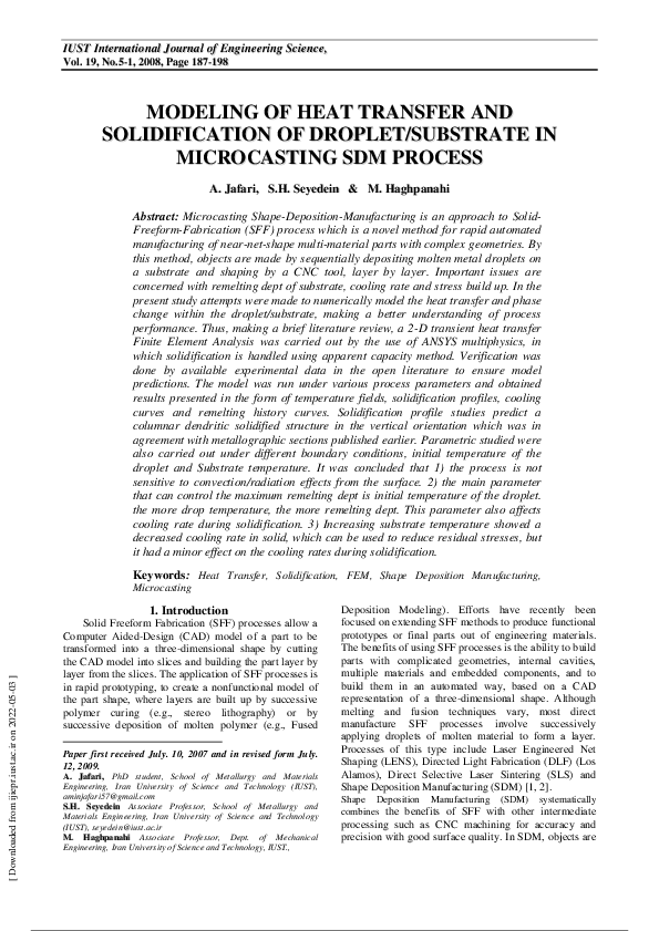 (PDF) Modeling of Heat Transfer and Solidification of Droplet/Substrate in Microcasting SDM Process