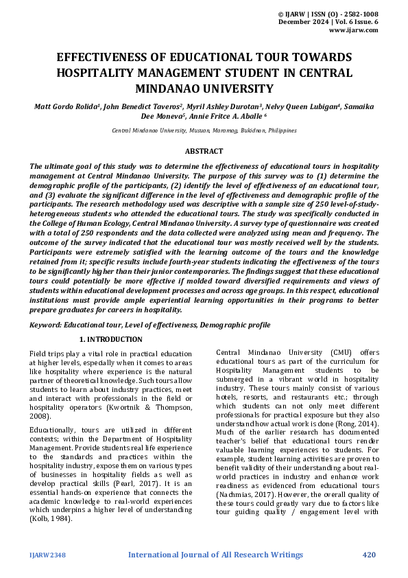 (PDF) EFFECTIVENESS OF EDUCATIONAL TOUR TOWARDS HOSPITALITY MANAGEMENT ...