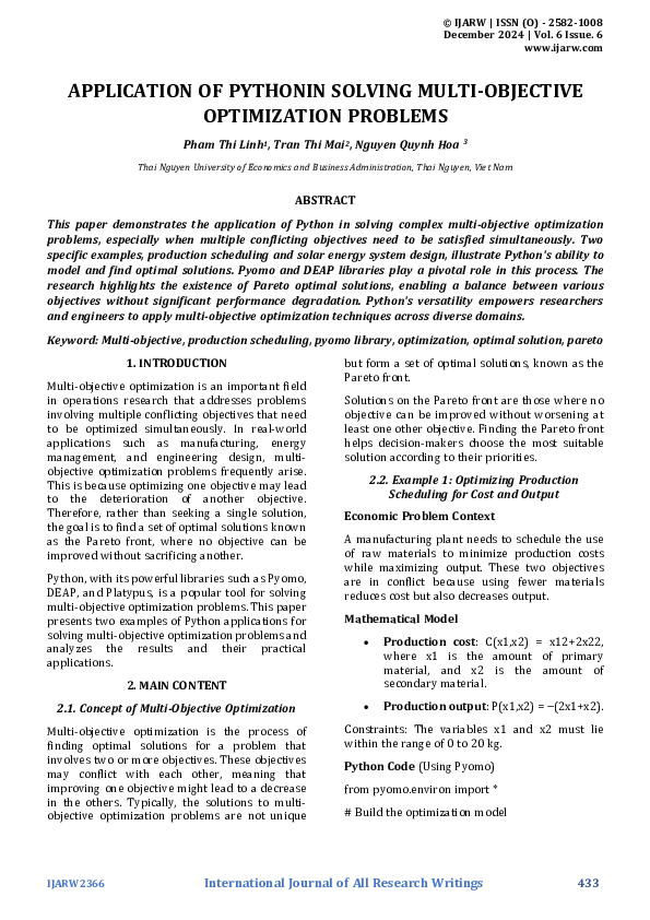 (PDF) APPLICATION OF PYTHONIN SOLVING MULTI-OBJECTIVE OPTIMIZATION PROBLEMS