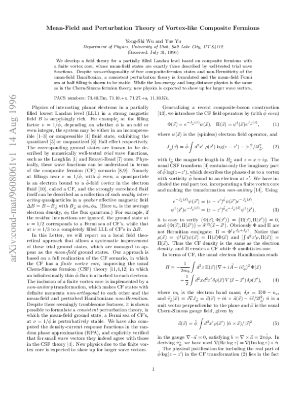 (PDF) Mean-Field and Perturbation Theory of Vortex-like Composite Fermions | Yong-shi Wu ...