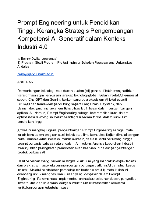 (PDF) Prompt Engineering untuk Pendidikan Tinggi: Kerangka Strategis Pengembangan Kompetensi AI ...